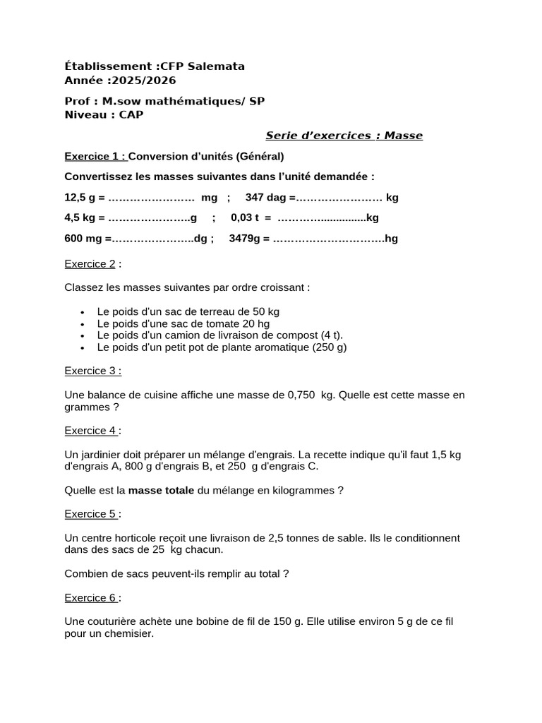 Exercices de conversion et de masse CAP | PDF