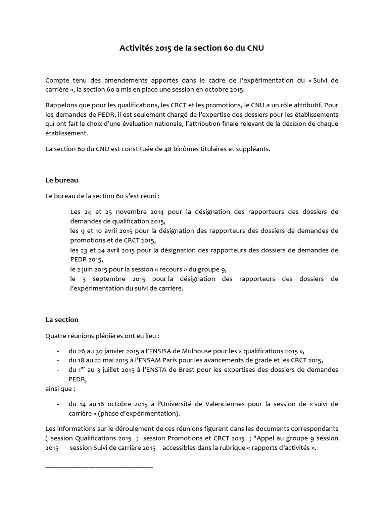 Rapport Activités 2015 CNU Section 60 | PDF