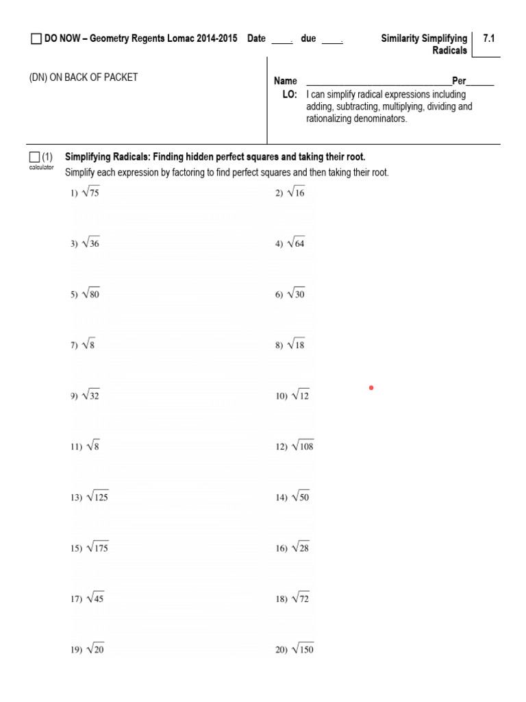 7.1 Simplifying Radicals | PDF | Multiplication | Mathematical Objects