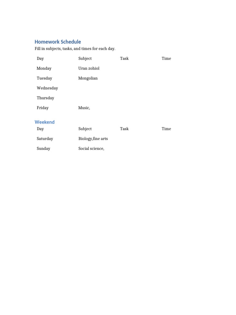 Homework Schedule | PDF