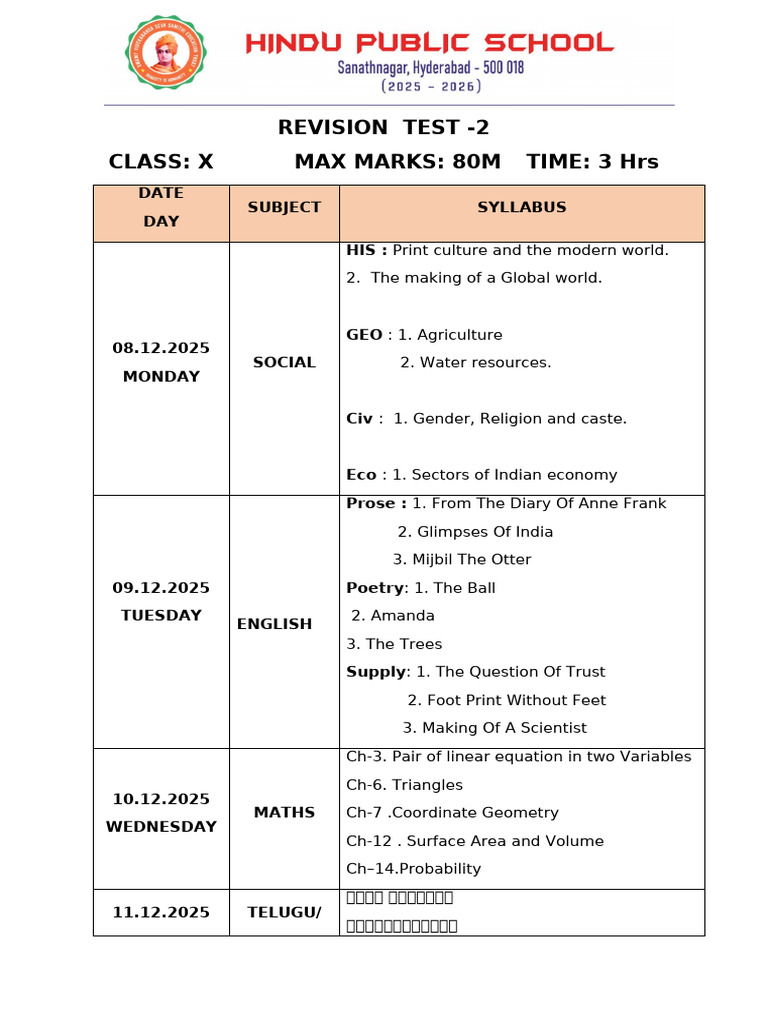 Class x Rt-2 Time Table 2025 | PDF