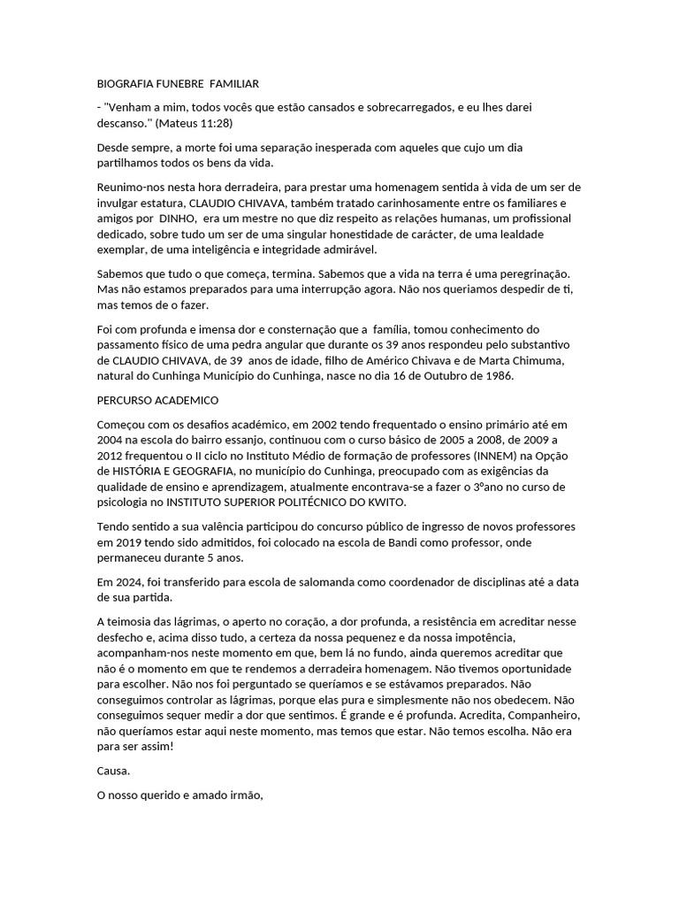 Homenagem a Claudio Chivava: Vida e Legado | PDF