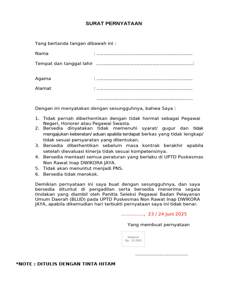 Contoh Format Surat Pernyataan Blud | PDF