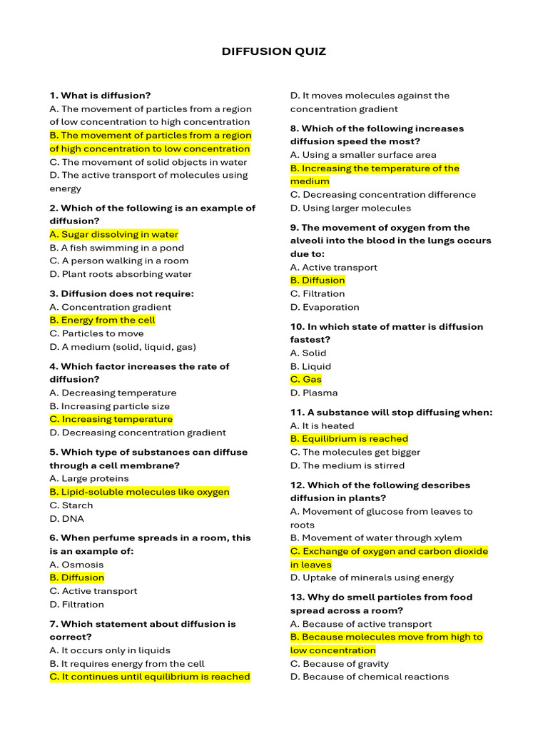 Diffusion Quiz | PDF | Diffusion | Water
