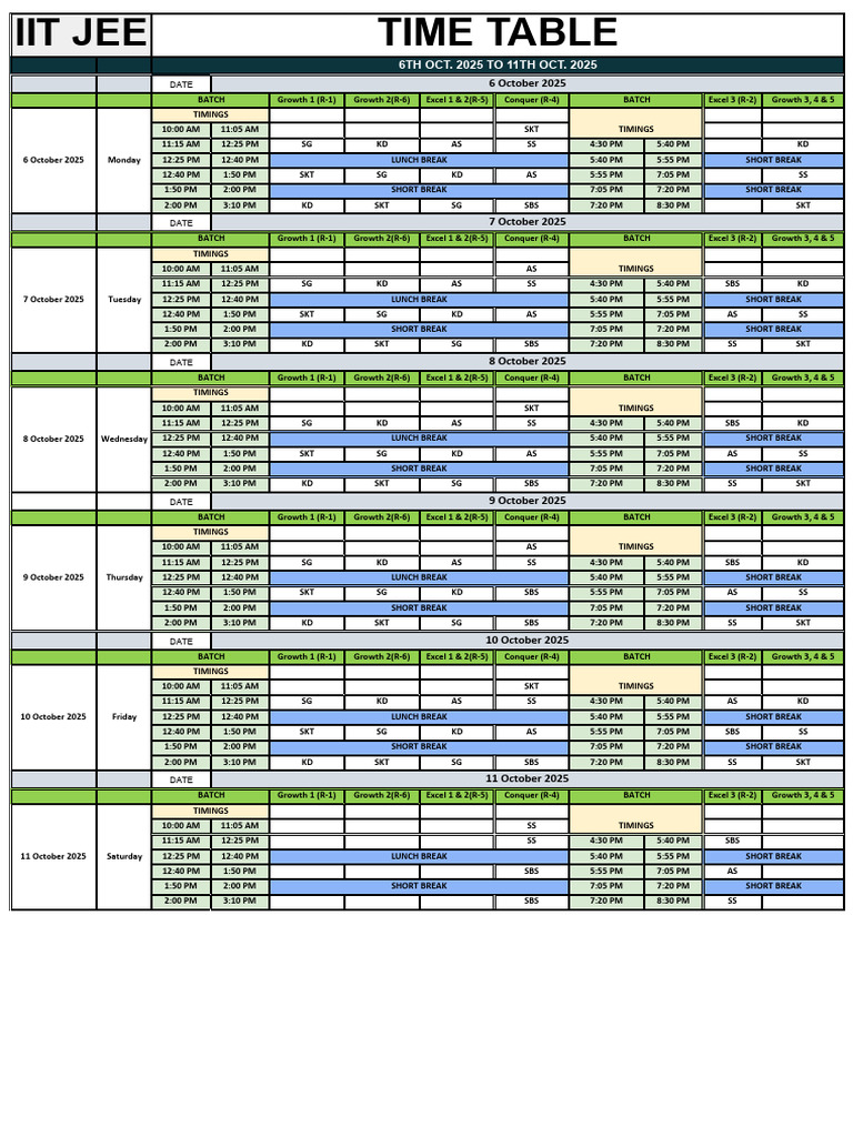 IIT JEE Time Table: Oct 6-11, 2025 | PDF