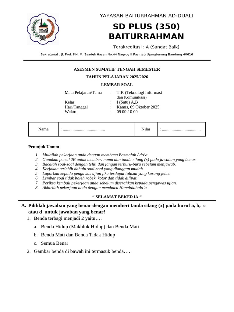 Soal Asts Kelas 1 | PDF