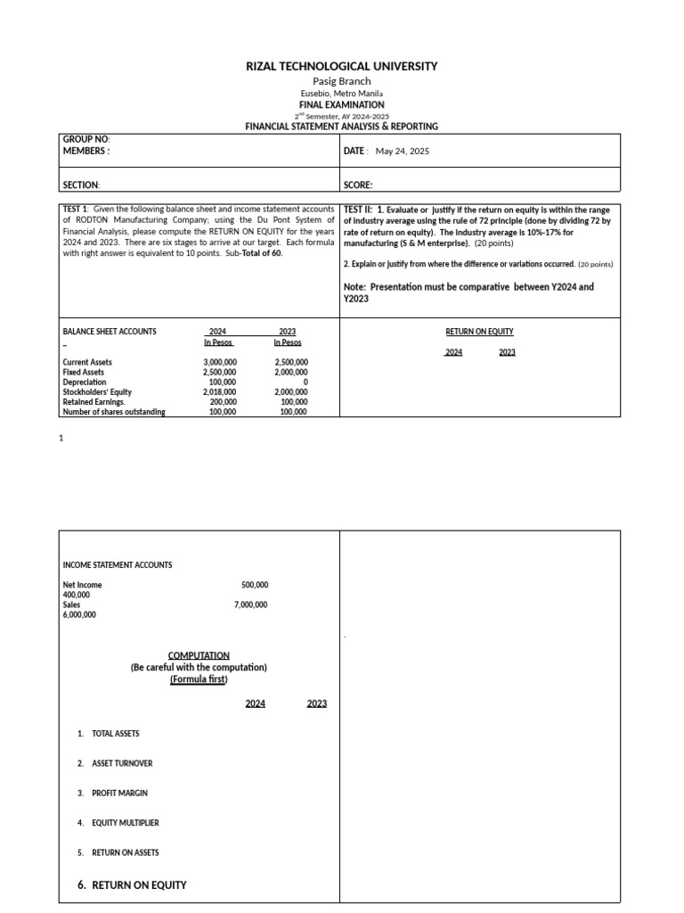 FINAL EXAMINATION Financial Statement Analysis 2 | PDF | Equity ...