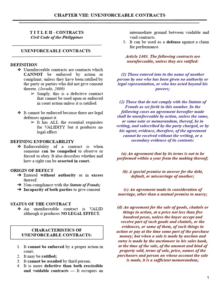 Chapter 8 - Unenforceable Contracts | PDF | Guarantee | Ratification