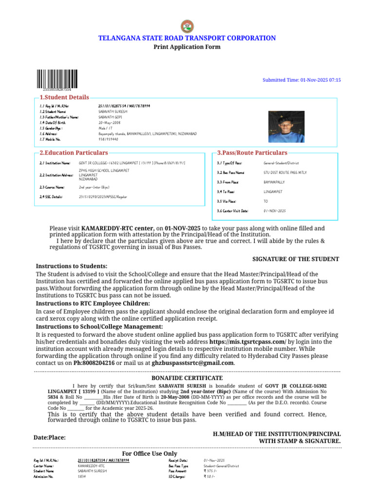 TGSRTC Bus Pass | PDF