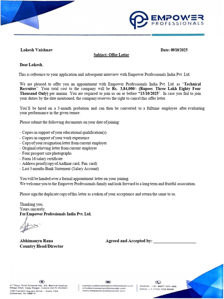Empower Professionals Offer Letter for Recruiter | PDF | Employment ...