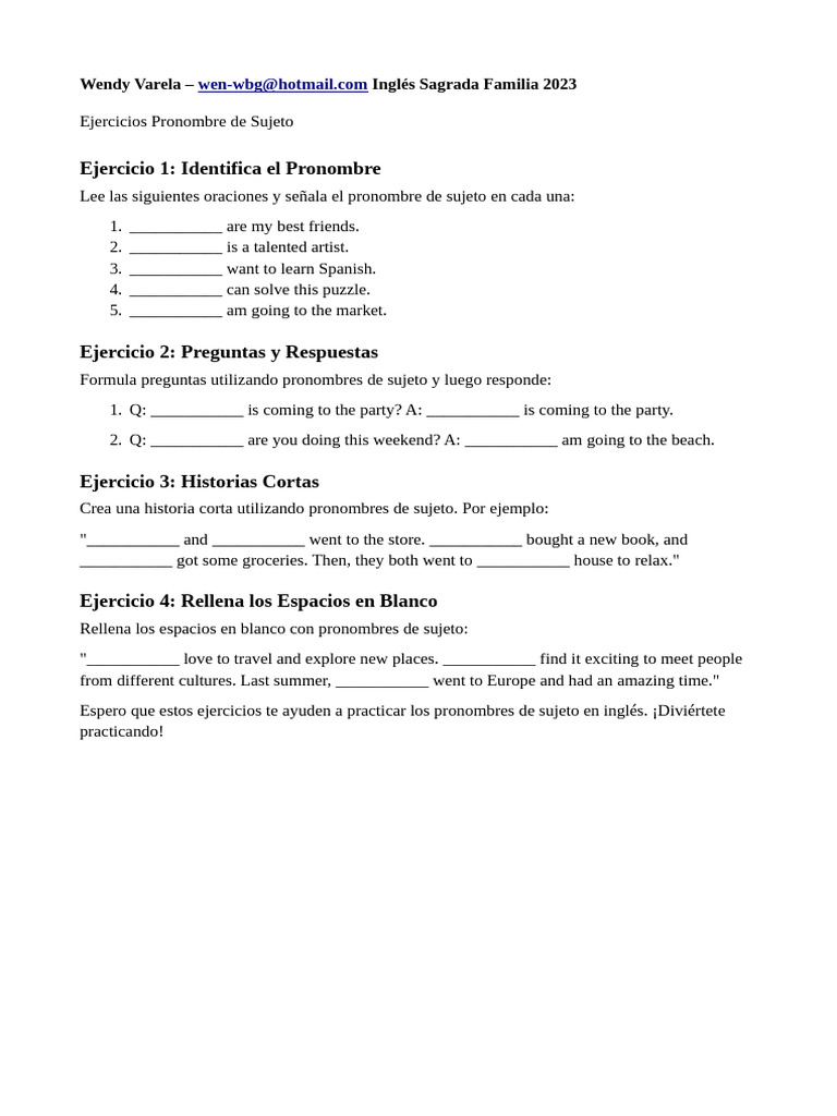 Ejercicos Prononbres de Sujeto | PDF