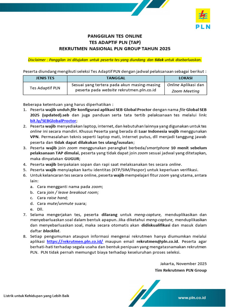 Panggilan Tes Adaptif PLN 2025 | PDF