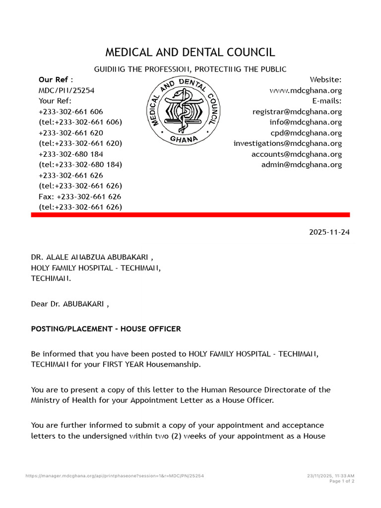 MDC GHANA - Housemanship Phase One Posting Letter | PDF | Office Equipment