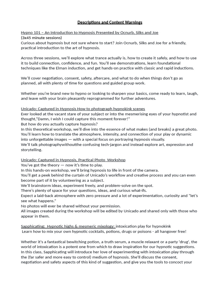 Descriptions and Content Warnings | PDF | Hypnosis | Psychological Concepts