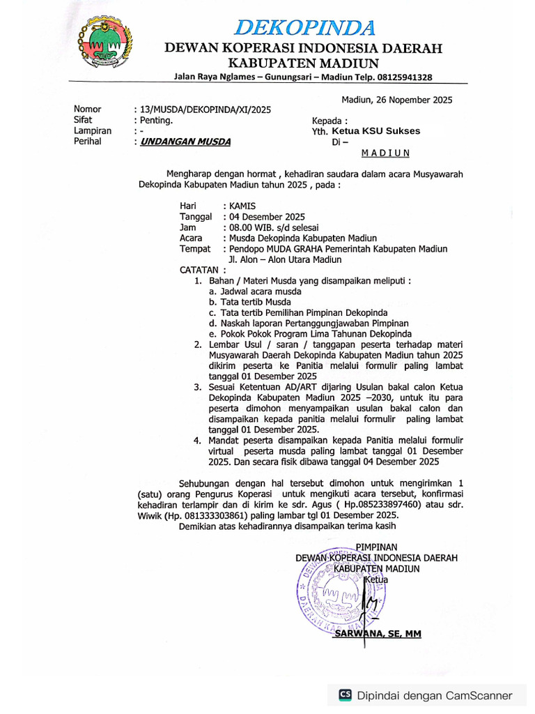 KSU SUKSES Undangan Musda Dekopin Tahun 2025 | PDF