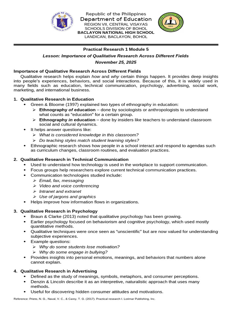 GRADE 11 Practical Research 1 Q3 W2 D3 | PDF | Qualitative Research ...