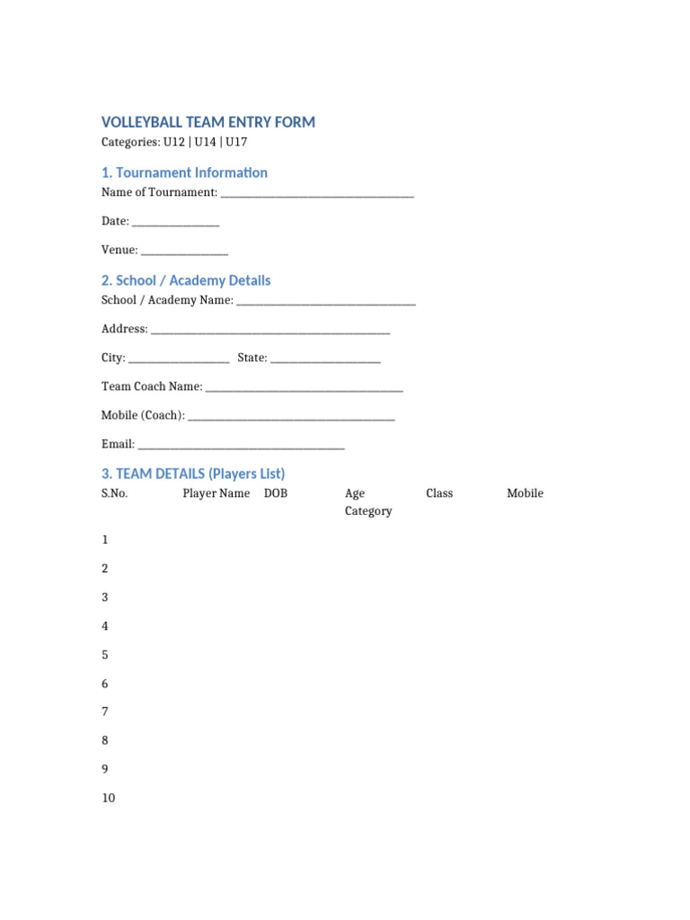 Volleyball Team Entry Form | PDF