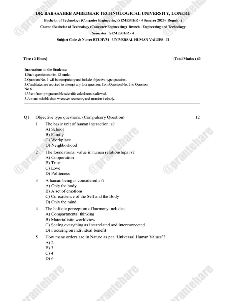 Universal Human Values II Exam Guide | PDF | Psychology | Psychological ...