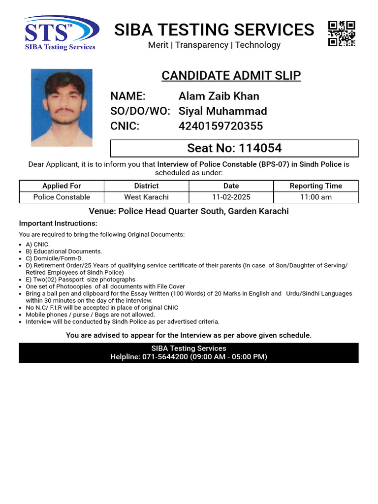 Siba Testing Services: Candidate Admit Slip | PDF
