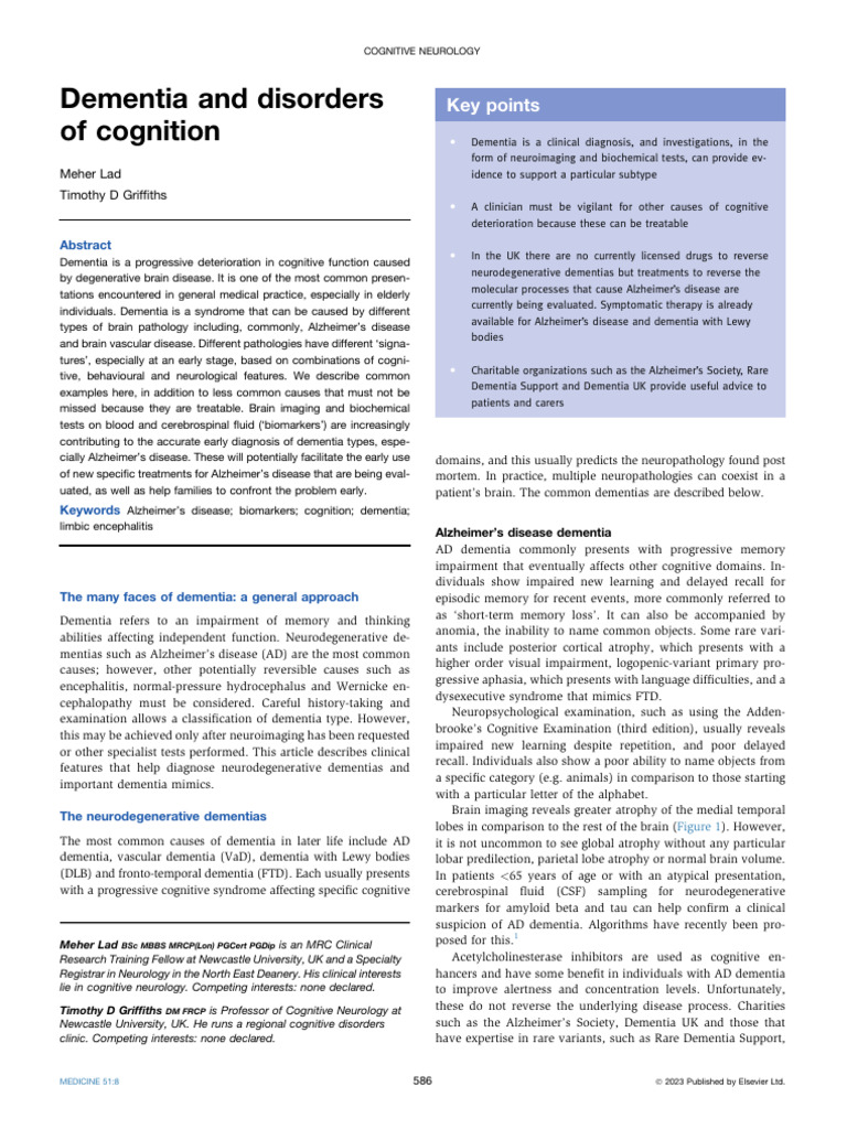 Dementia and Disorders of Cognition (Medicine 2023) | PDF | Dementia ...
