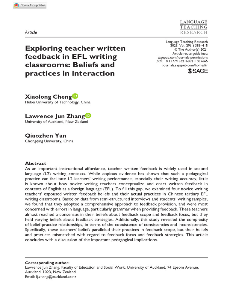 Teacher Feedback in EFL Writing Classrooms | PDF | English As A Second ...
