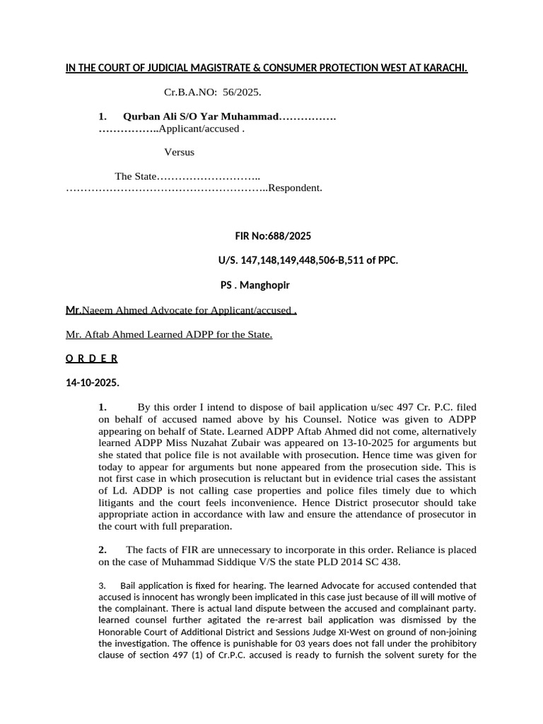 Bail Application Ruling in Karachi Case | PDF | Bail | Prosecutor