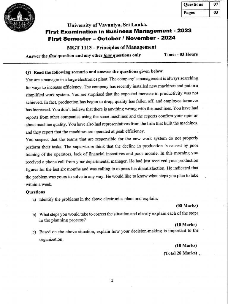 MGT 1113. Principles of Management | PDF