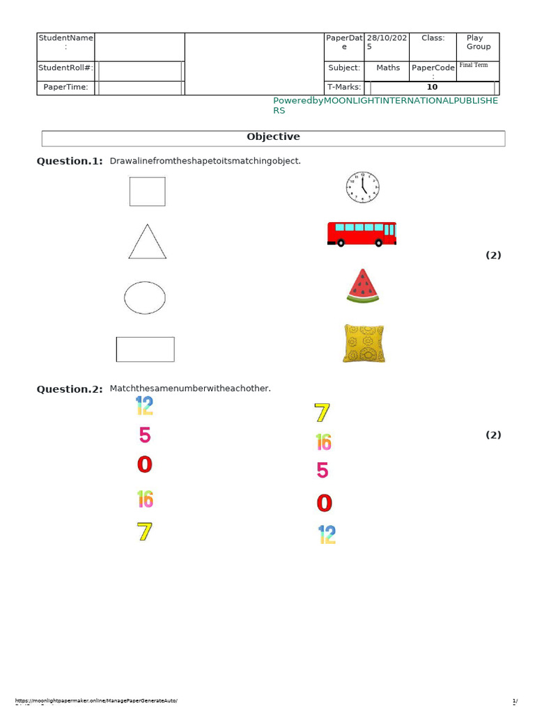 Play Group Math Final Term | PDF