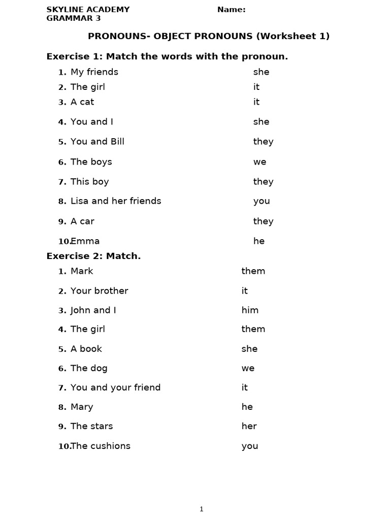 Grammar 3 - Pronouns - Object Pronouns - Worksheet 1 | PDF