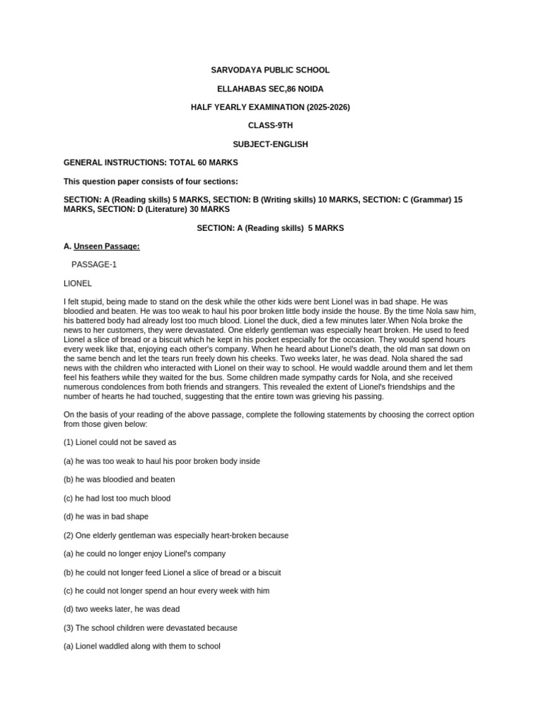 English Class 9TH Half Yearly Cbse | PDF