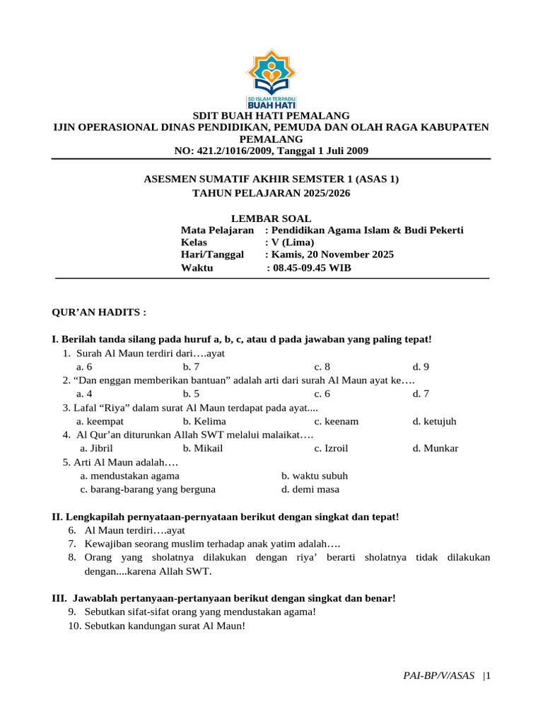 Soal Ujian PAI Kelas V 2025/2026 | PDF