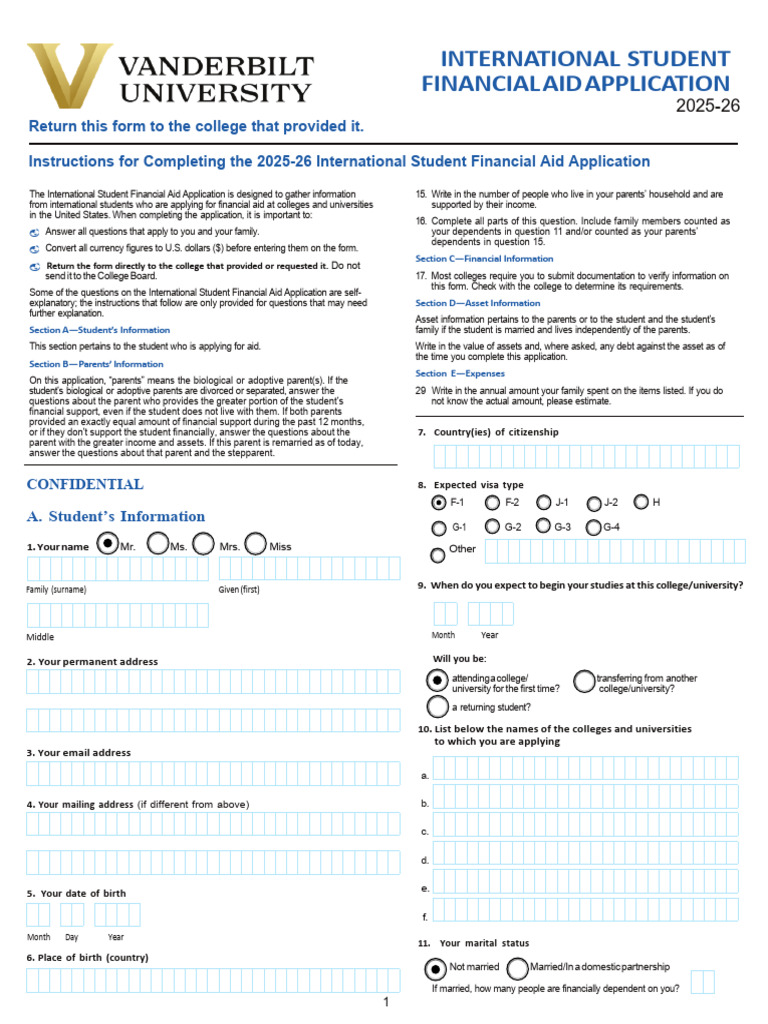 International Student Financial Aid Form 2025-26 | PDF | Student Financial Aid In The United ...