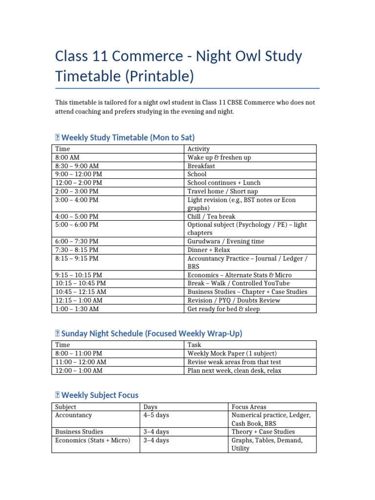 Night Owl Study Timetable for Class 11 Commerce | PDF