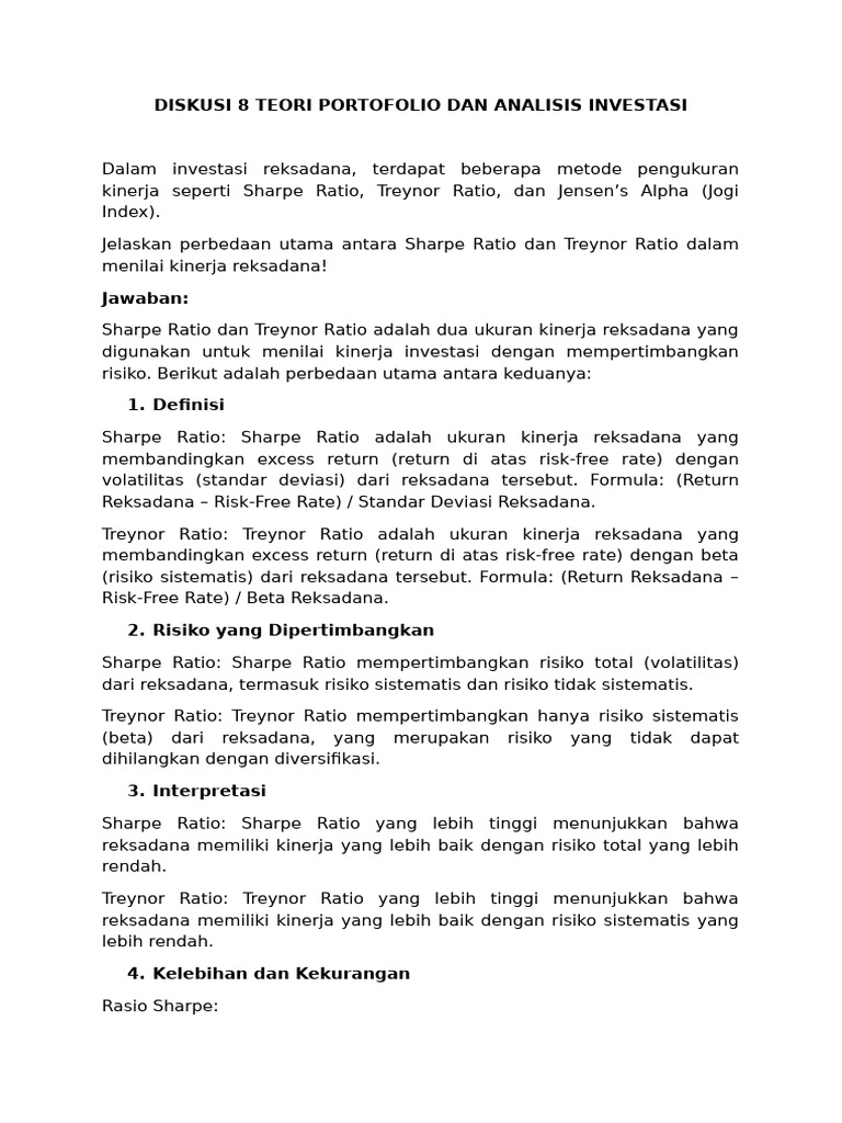 Perbandingan Sharpe dan Treynor Ratio | PDF