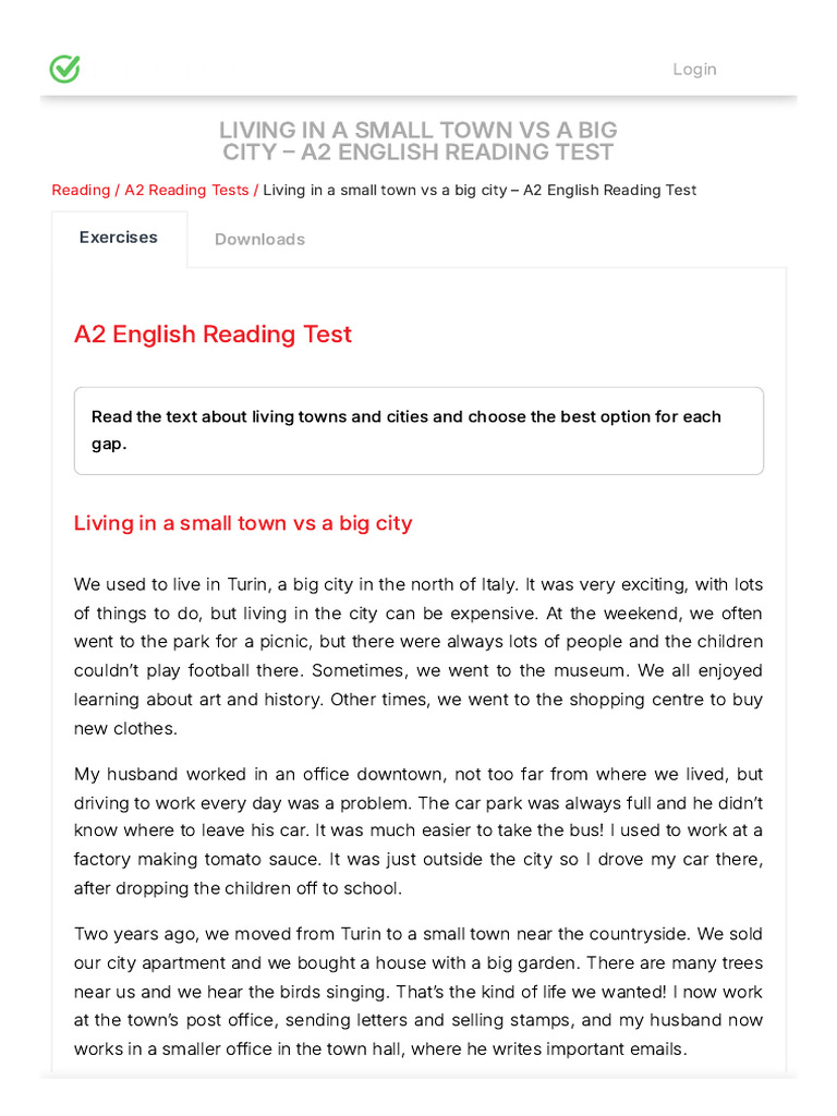Small Town vs Big City: A2 Reading Test | PDF