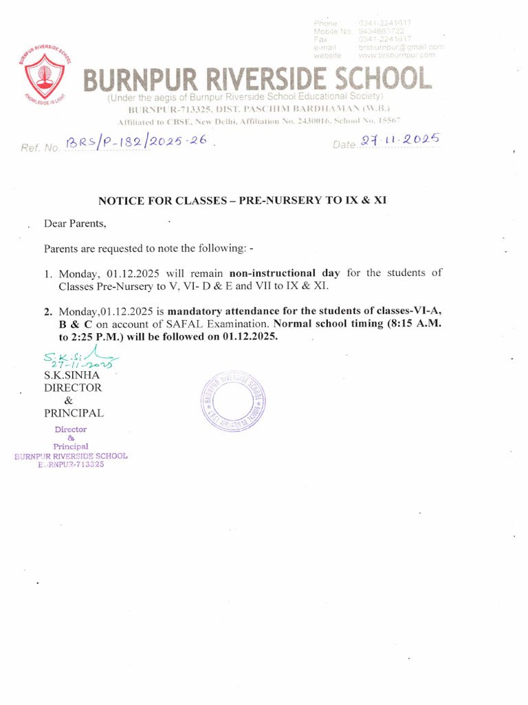 Notice For Classes Pre-Nursery To Ix & Xi Ni On 01.12.2025 | PDF