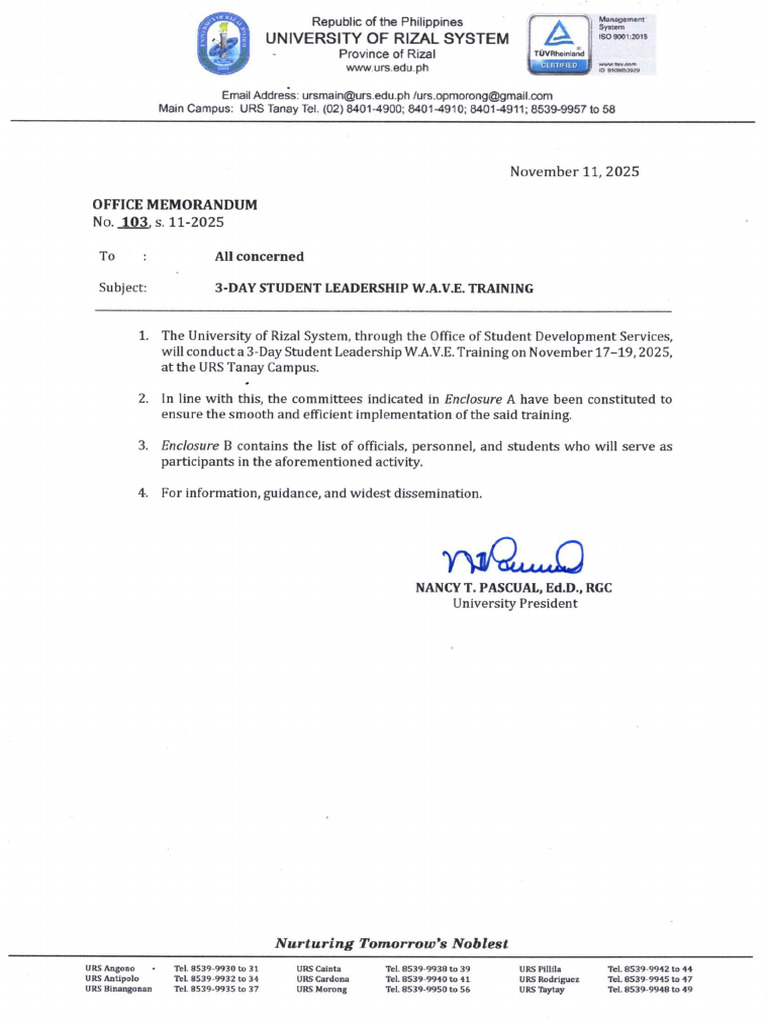 Office Memorandum No 103 s11 2025 3 Day Student Leadership WAVE Training | PDF