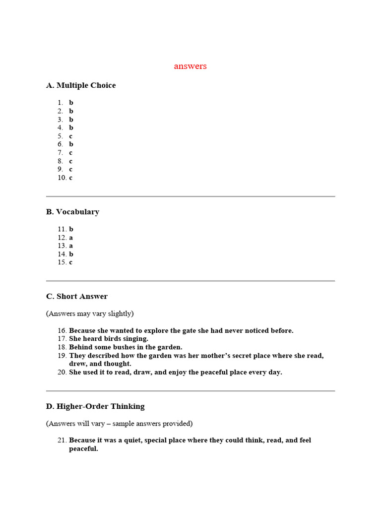 Answers for Multiple Choice and Short Response | PDF