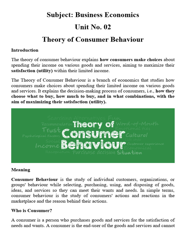 Business Econimics Unit No 02 Theory Of Consumer Behaviour Pdf