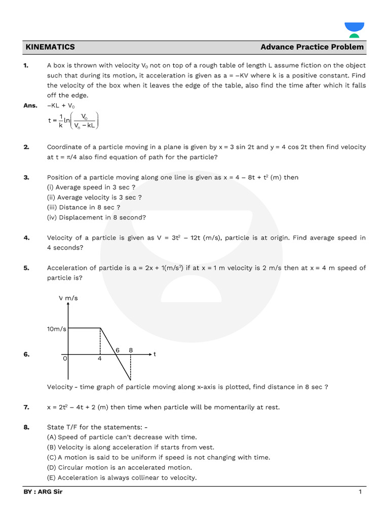 KINEMATICS - Advance Practice Problem | PDF