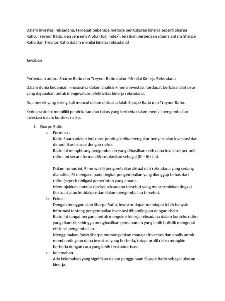 Perbandingan Sharpe dan Treynor Ratio | PDF