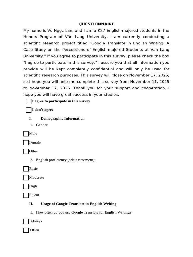 Questionnaire (Revised) | PDF | English Language | Writing