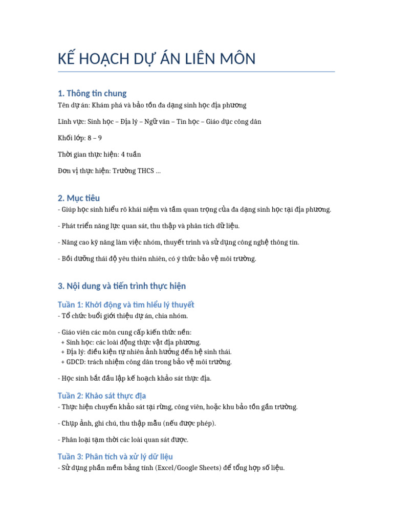 Ke Hoach Du An Lien Mon Da Dang Sinh Hoc | PDF