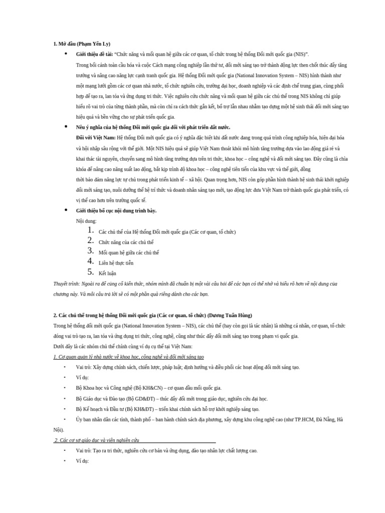 Chức năng và mối quan hệ giữa các cơ quan, tổ chức trong hệ thống Đổi mới quốc gia (NIS) | PDF