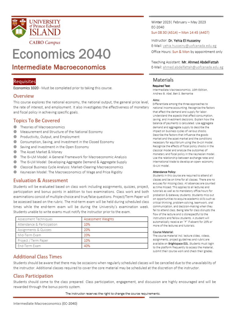 EC-2040 UPEI Outline - Winter 2023 | PDF | Macroeconomics | Economies