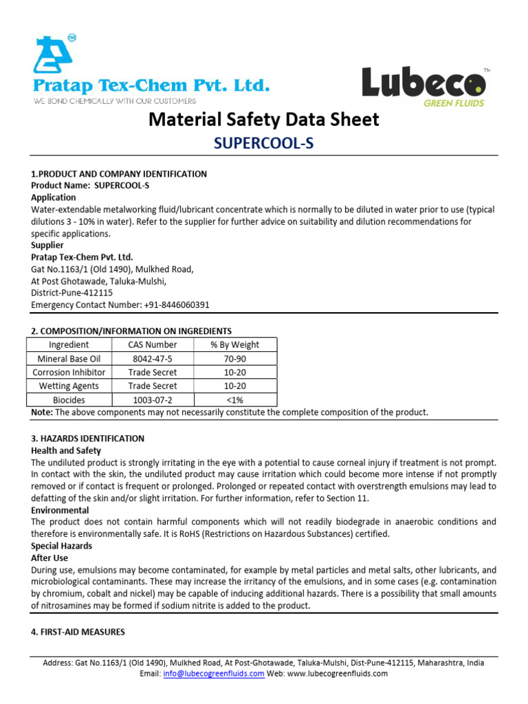 Msds Supercool S (Cutting Oil) | PDF | Waste | Soil