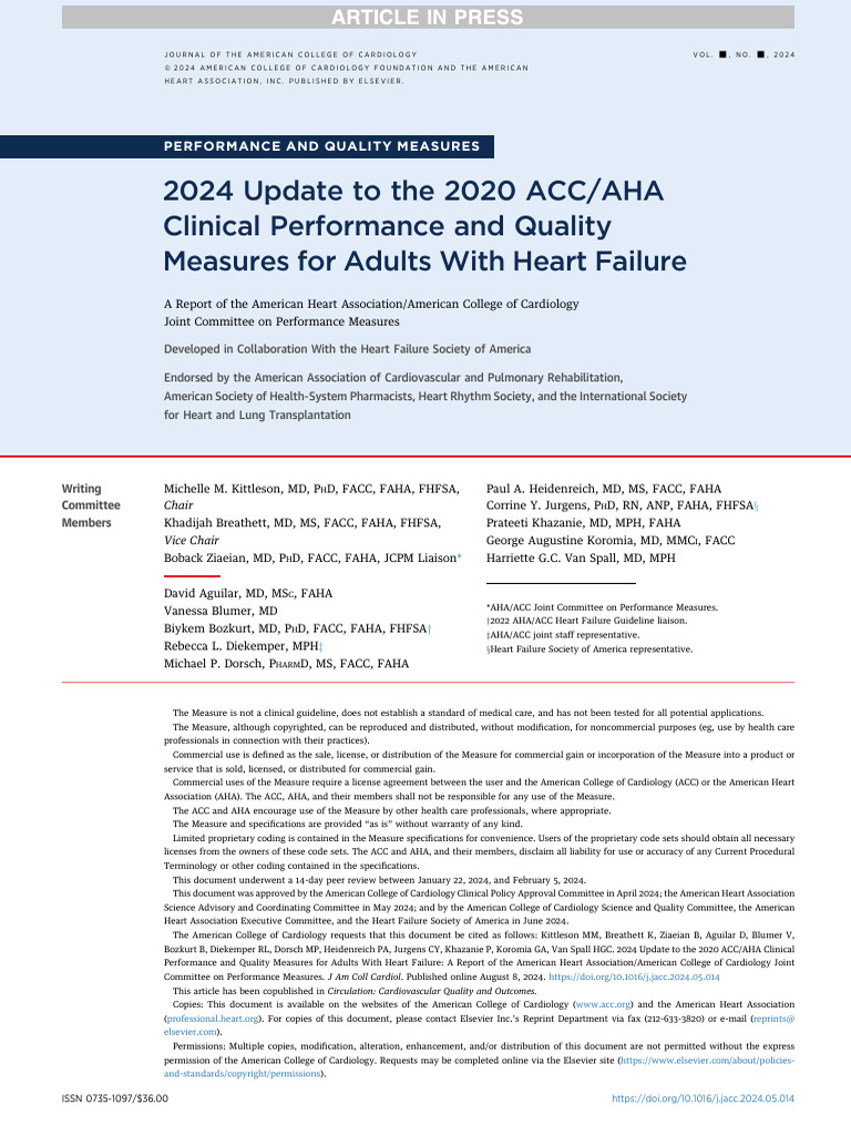 2024 Update To The 2020 ACC/AHA Clinical Performance and Quality Measures For Adults With Heart ...