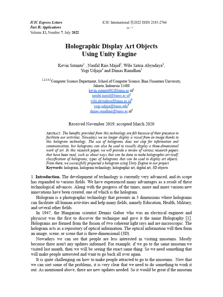 Holographic Art Display with Unity | PDF | Holography | 3 D Computer ...