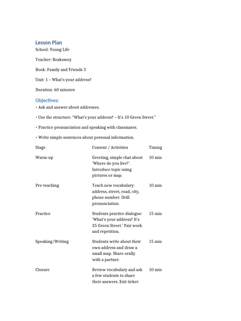 Lesson Plan: Asking for Addresses | PDF