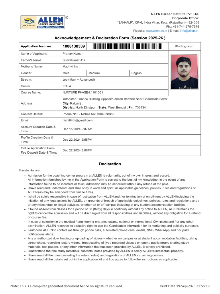 ALLEN Career Institute Admission Form 2025-26 | PDF